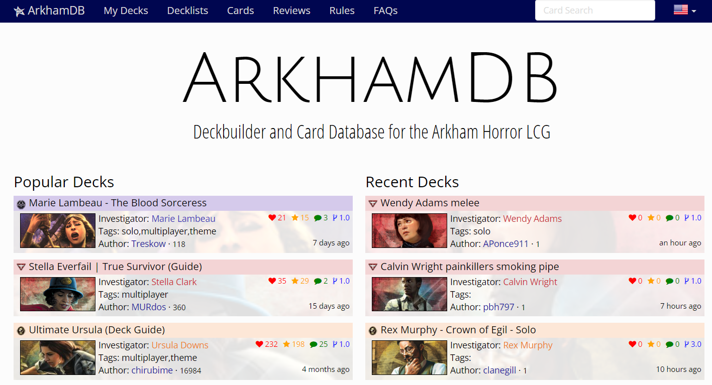 Página ArkhamDB: recursos digitales para AHLCG